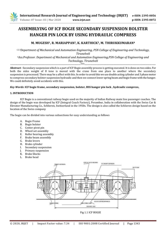 IRJET - Assemblying of ICF Bogie Secondary Suspension Bolster Hanger Pin Lock by using Hydraulic ...