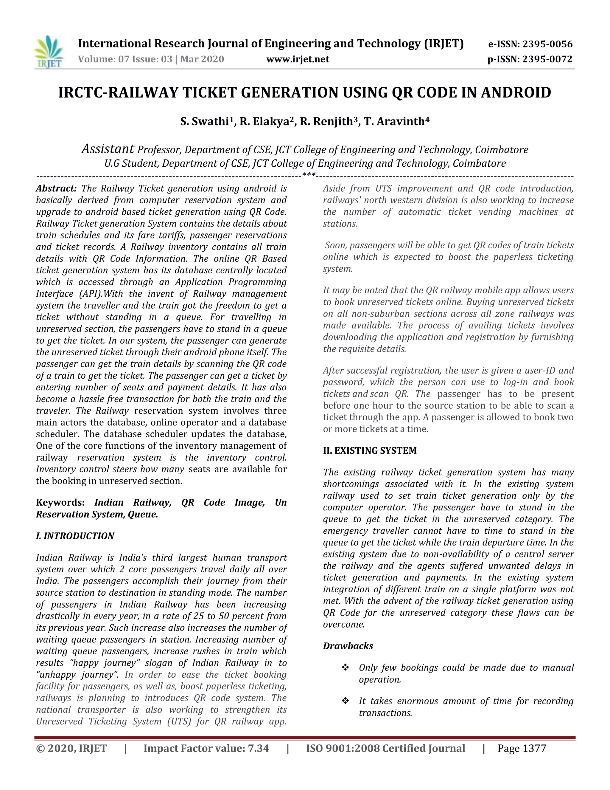 IRJET - IRCTC-Railway Ticket Generation using QR Code in Android | PDF