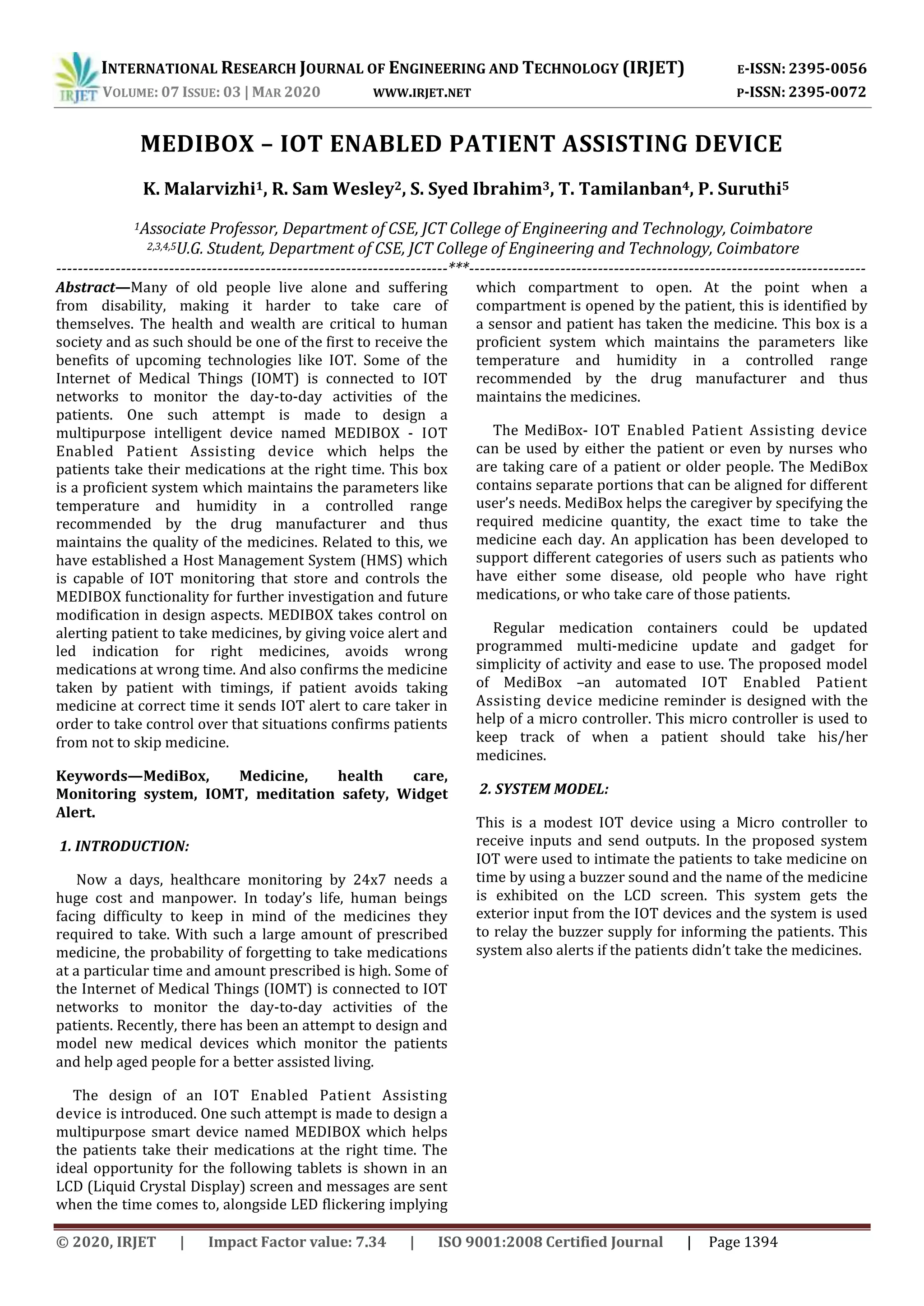 IRJET - Medibox – IoT Enabled Patient Assisting Device | PDF
