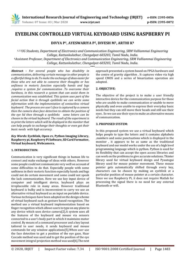 IRJET - Eyeblink Controlled Virtual Keyboard using Raspberry Pi | PDF