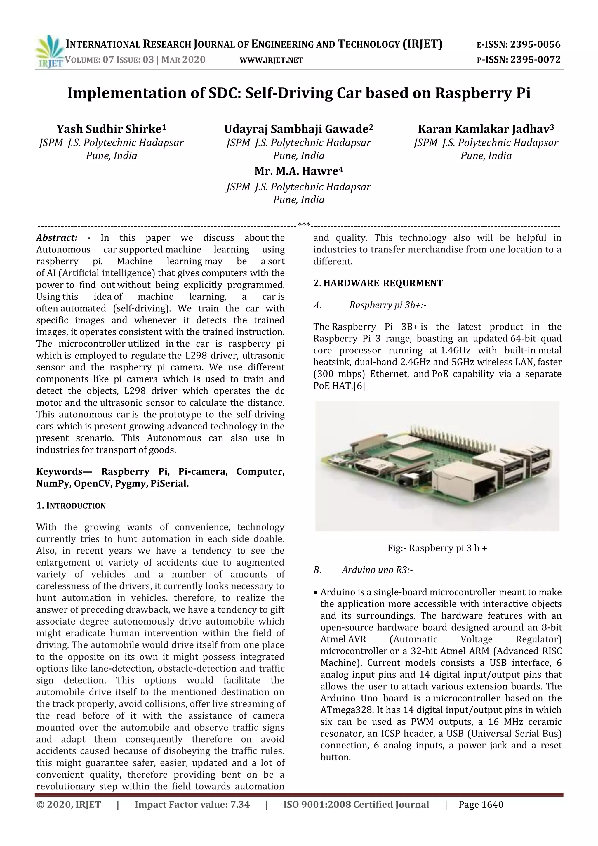 IRJET - Implementation of SDC: Self-Driving Car based on Raspberry Pi | PDF