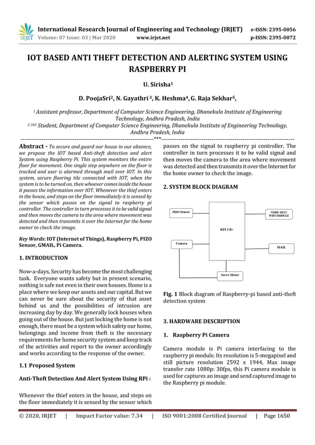 IRJET - IoT based Anti Theft Detection and Alerting System using Raspberry Pi | PDF | Home ...