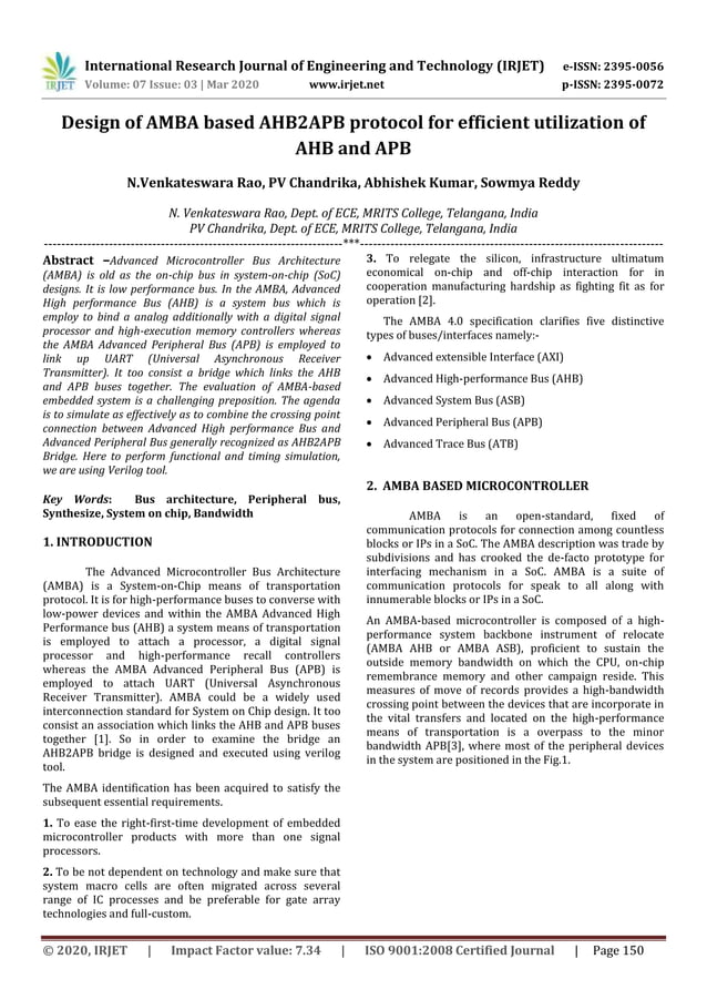 IRJET - Design of AMBA based AHB2APB Protocol for Efficient Utilization of AHB and APB | PDF