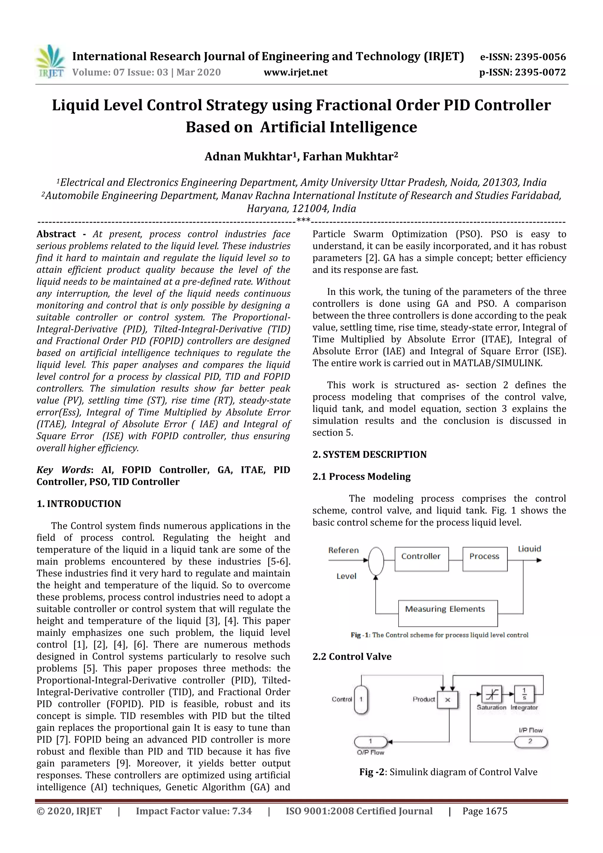 IRJET - Liquid Level Control Strategy using Fractional Order PID Controller based on Artificial ...
