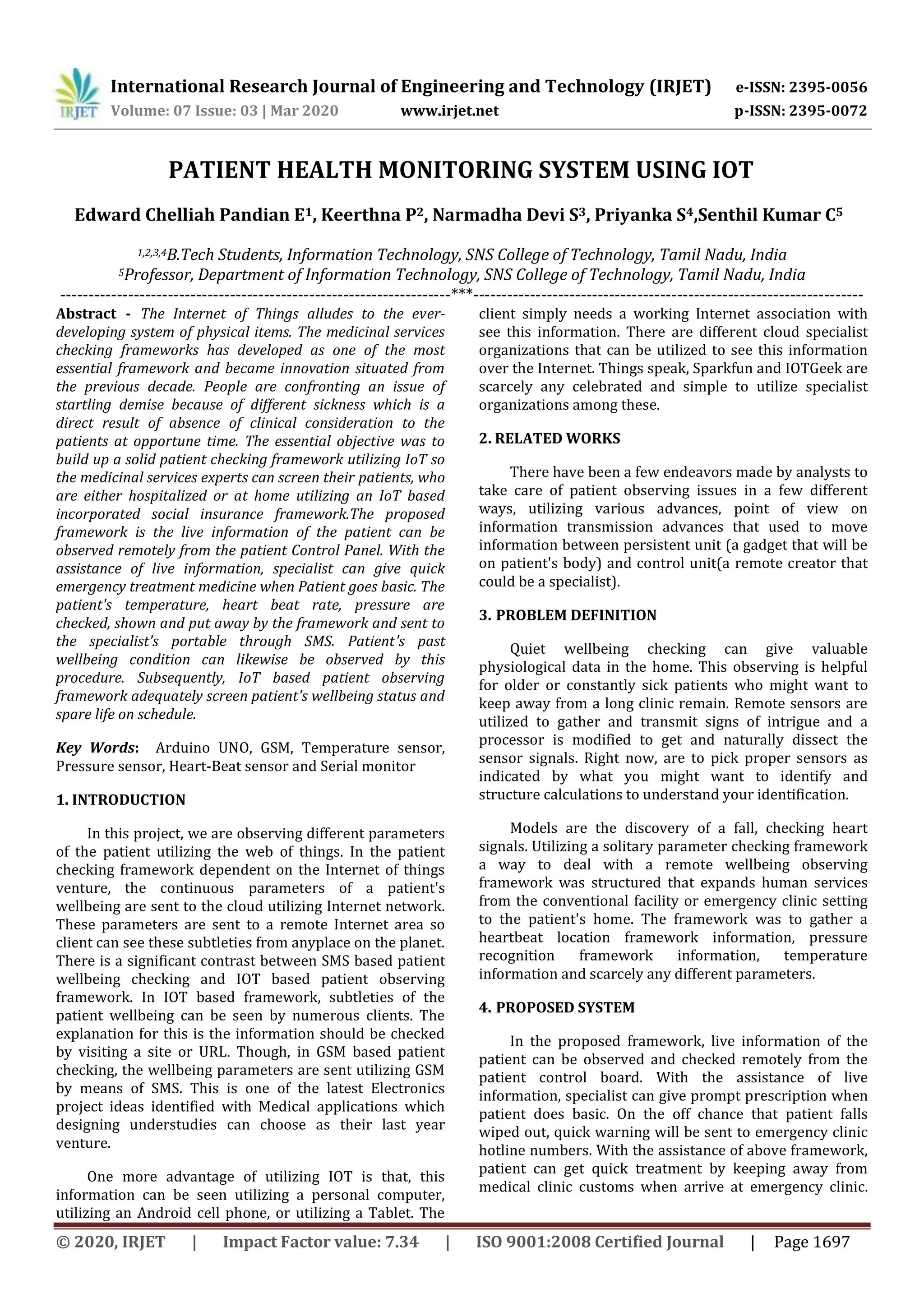 IRJET - Patient Health Monitoring System using IoT | PDF