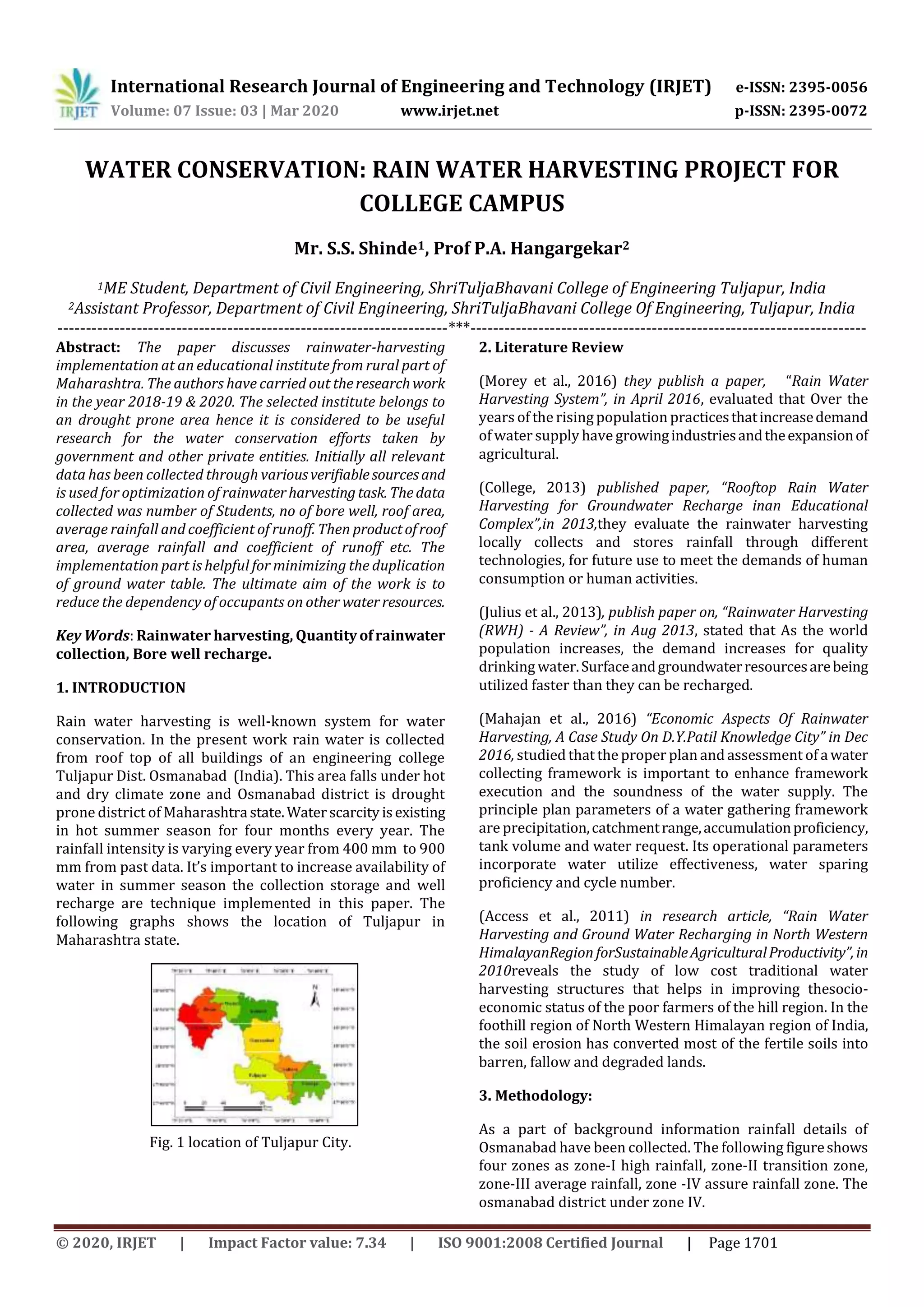 IRJET - Water Conservation: Rain Water Harvesting Project for College ...