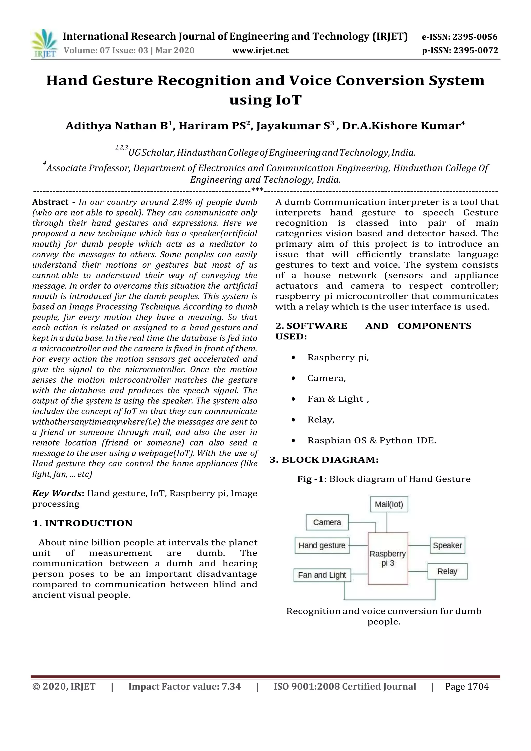IRJET - Hand Gesture Recognition and Voice Conversion System using IoT | PDF