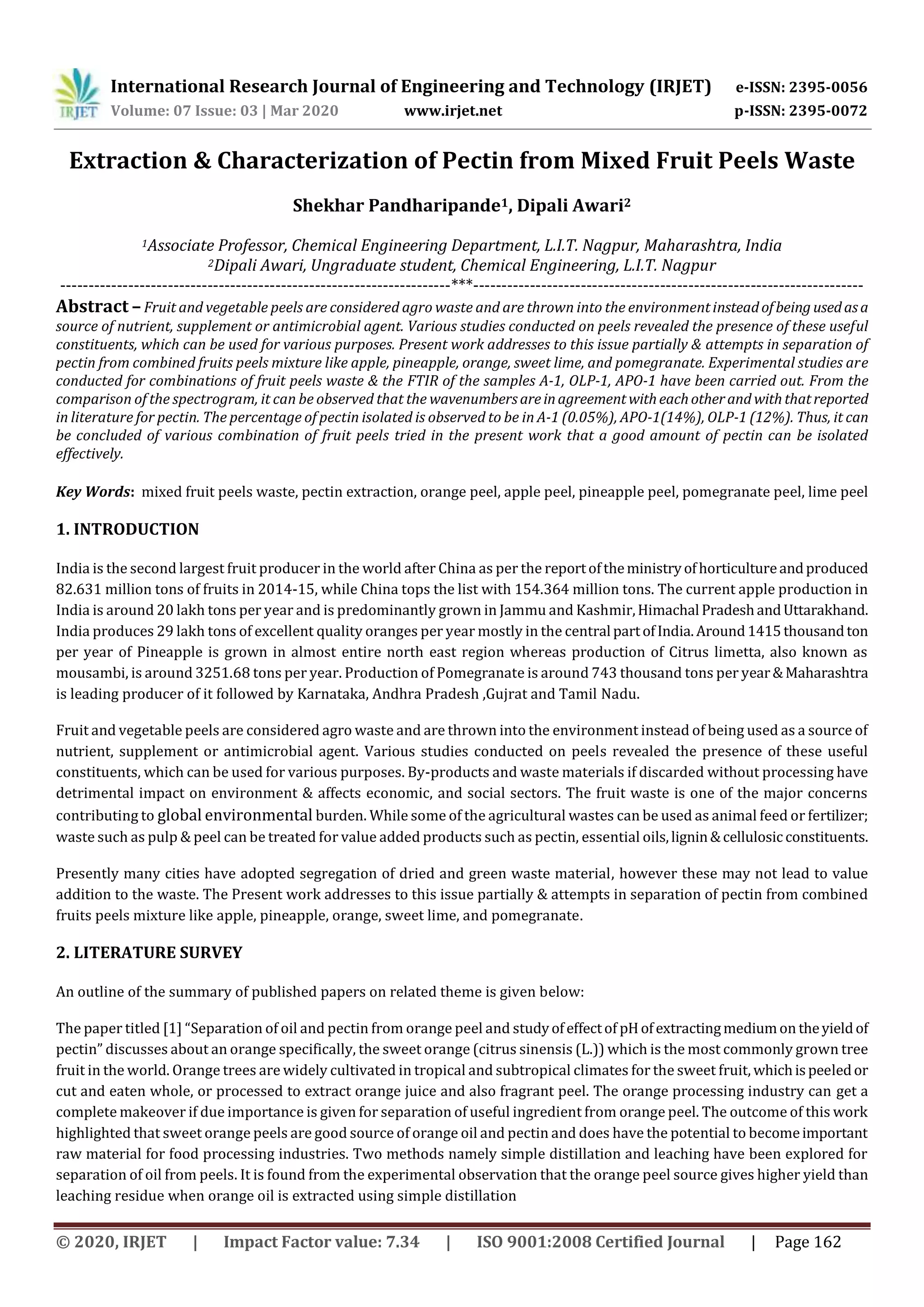 IRJET - Extraction and Characterization of Pectin from Waste Mixed Fruit Peels | PDF