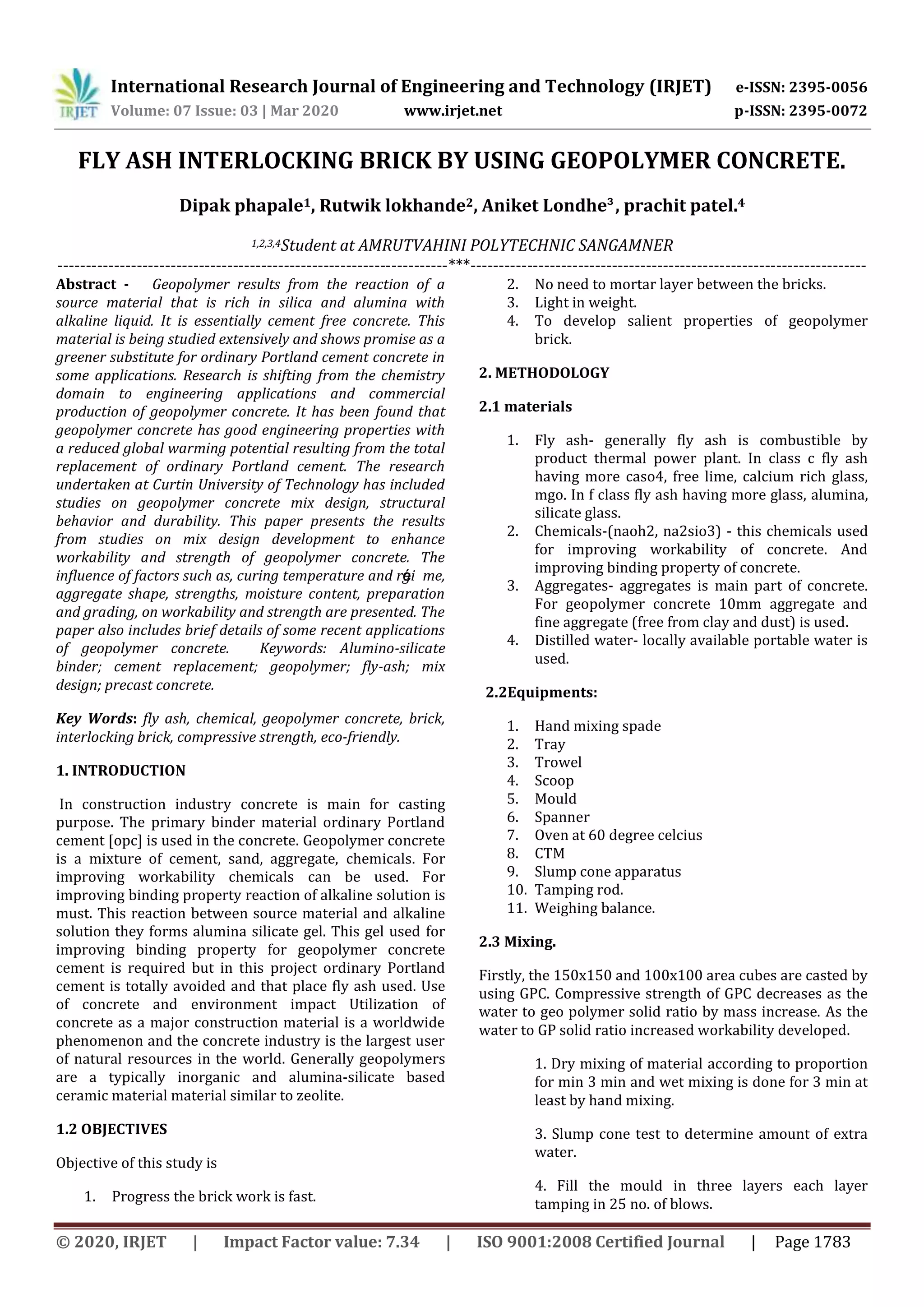 IRJET - Fly Ash Interlocking Brick by using Geopolymer Concrete | PDF | Civil Engineering ...