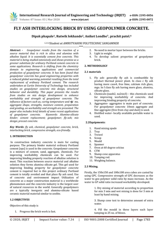 IRJET - Fly Ash Interlocking Brick by using Geopolymer Concrete | PDF