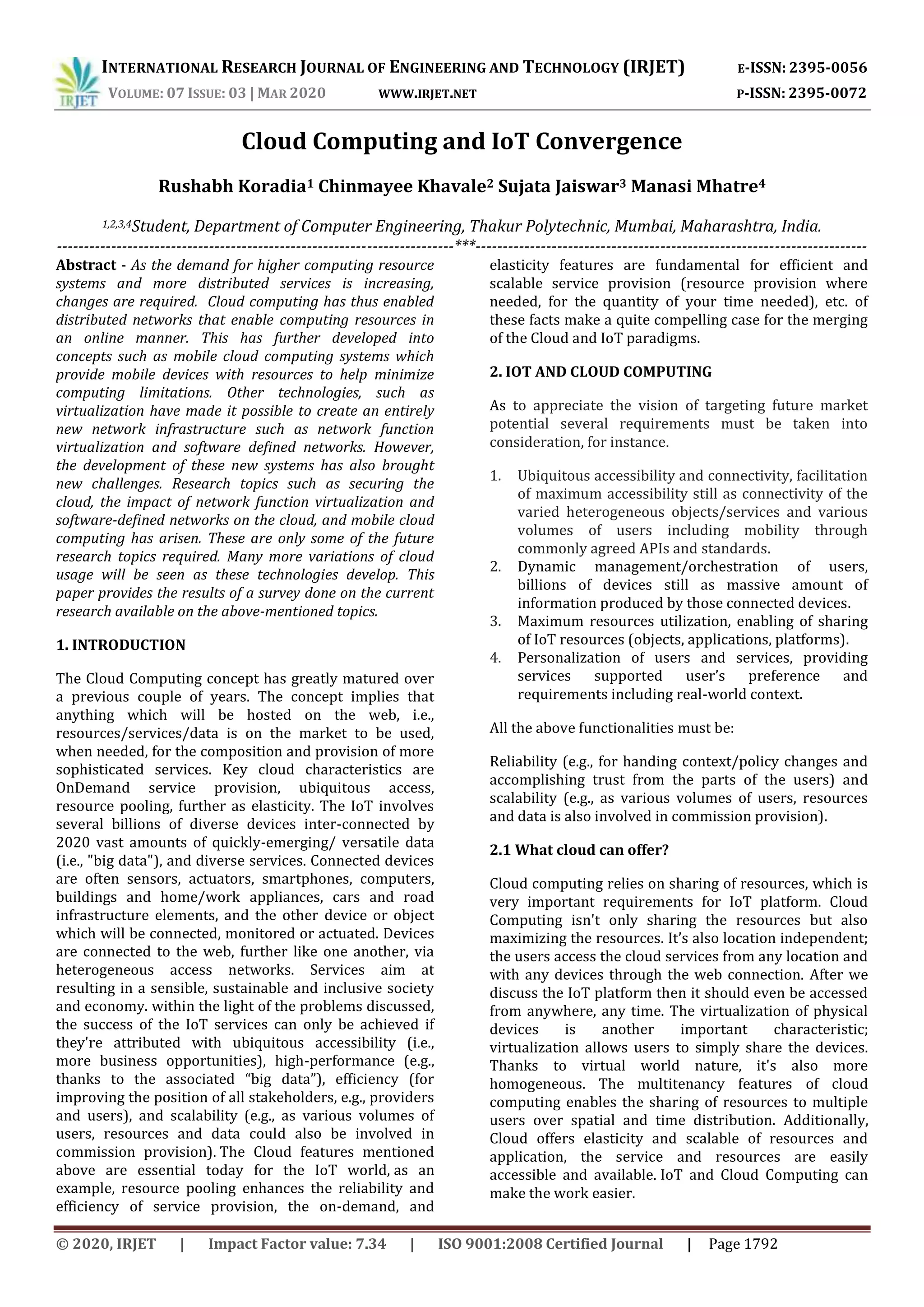 Irjet Cloud Computing And Iot Convergence Pdf