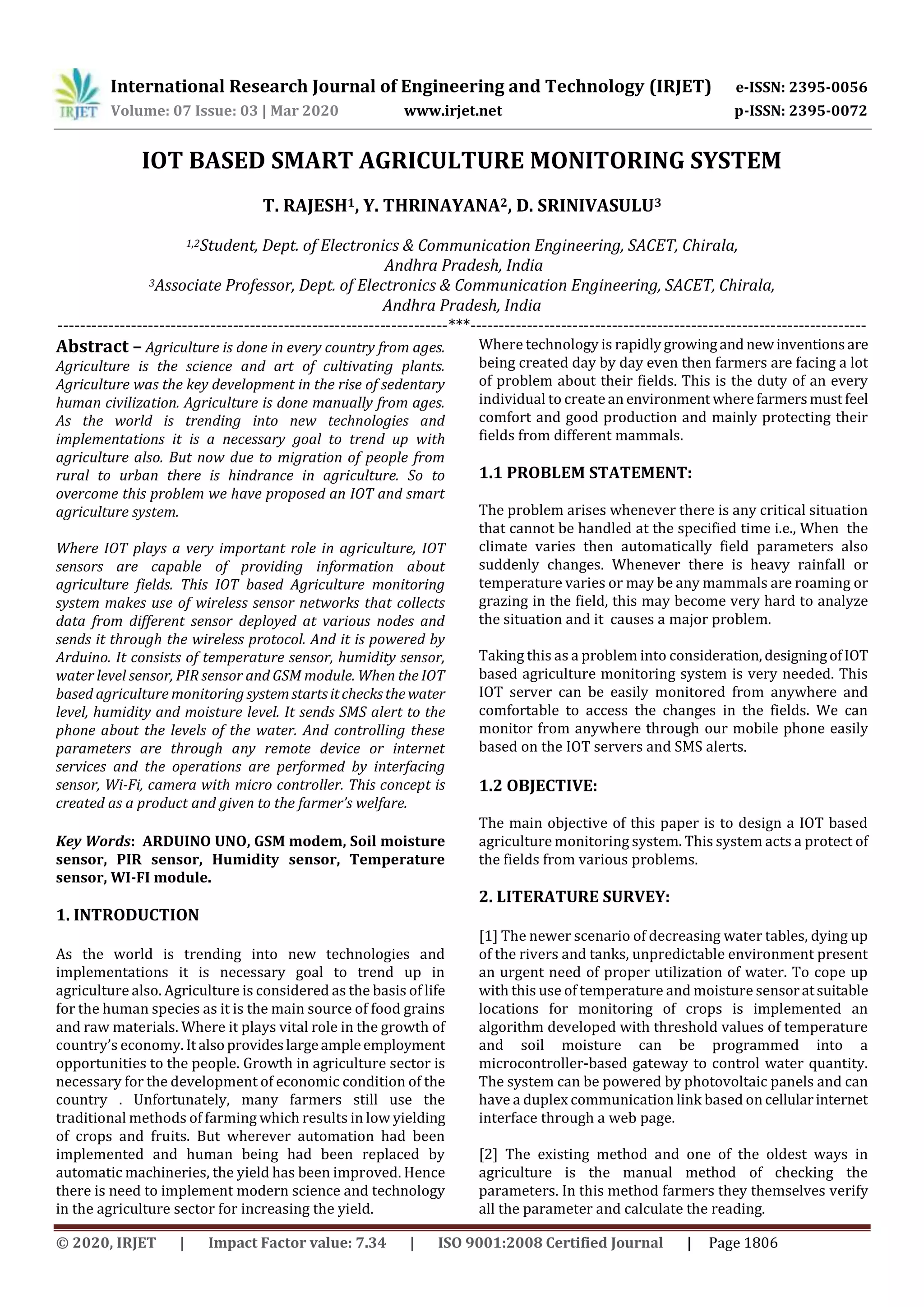 Irjet Iot Based Smart Agriculture Monitoring System Pdf