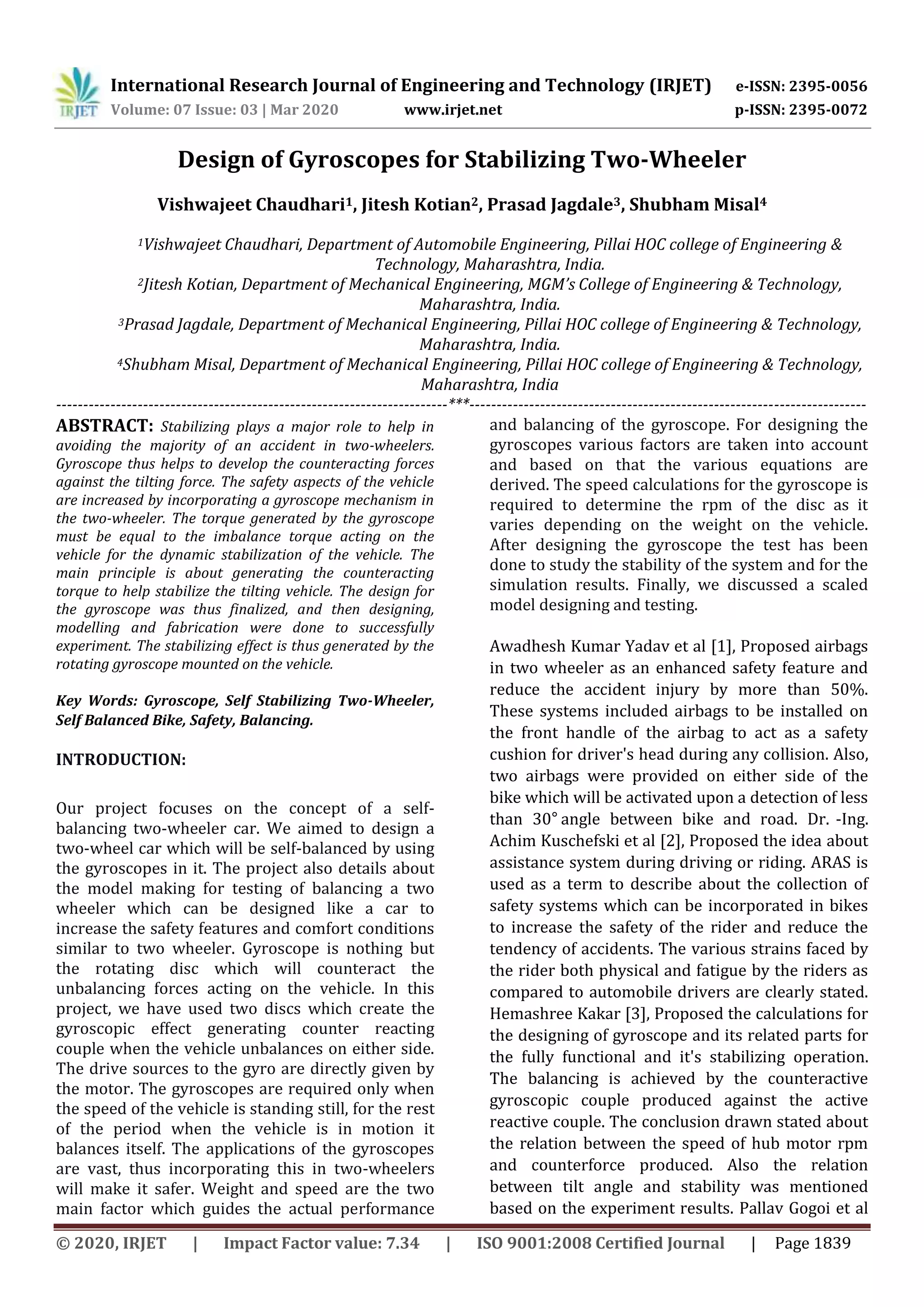 IRJET - Design of Gyroscopes for Stabilizing Two-Wheeler | PDF