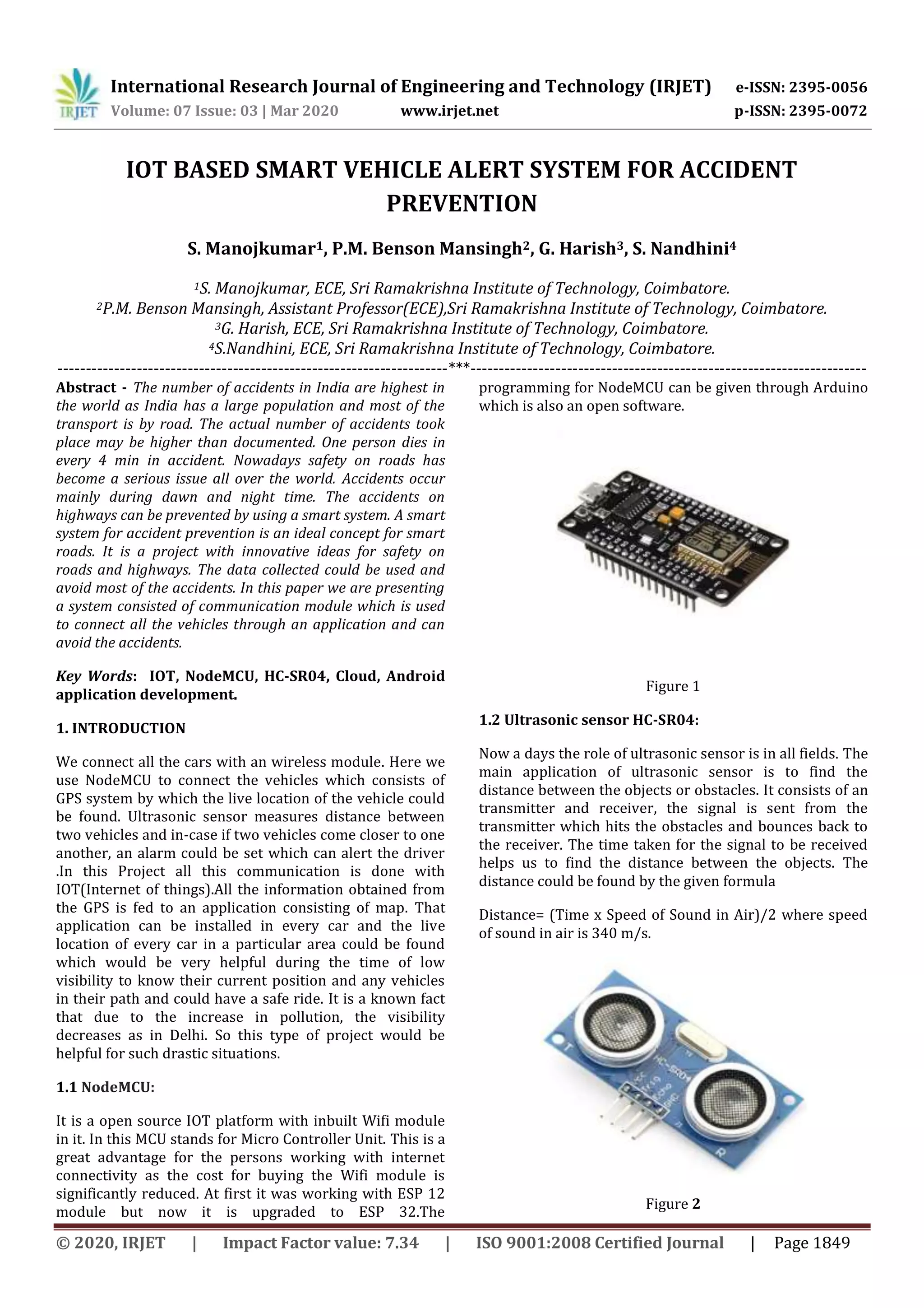 IRJET - IoT based Smart Vehicle Alert System for Accident Prevention | PDF