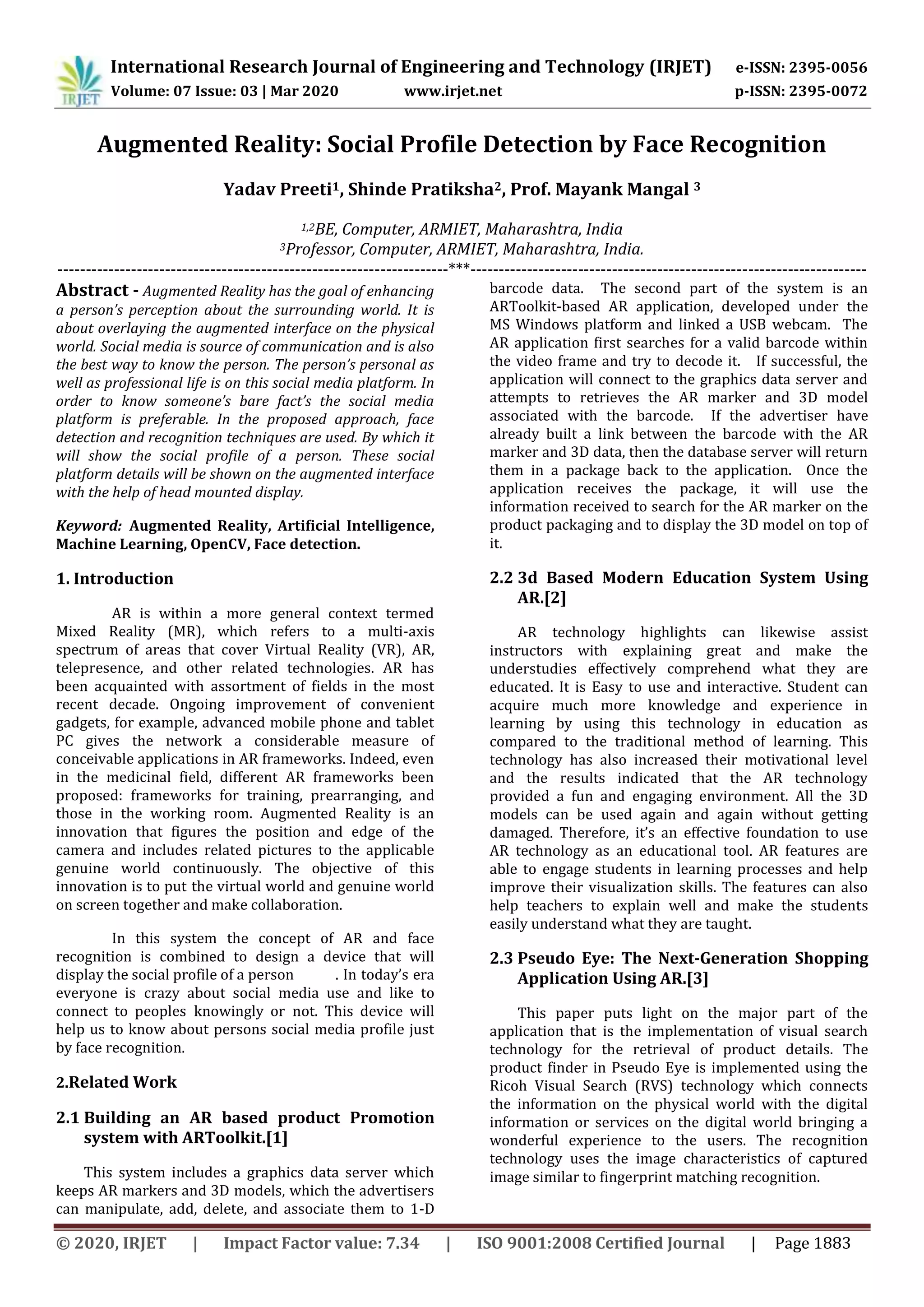 Irjet Augmented Reality Social Profile Detection By Face Recognition