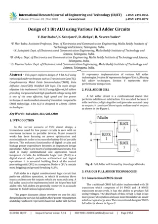 IRJET- Design of 1 Bit ALU using Various Full Adder Circuits | PDF