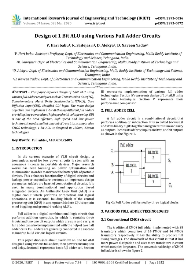 IRJET- Design of 1 Bit ALU using Various Full Adder Circuits | PDF