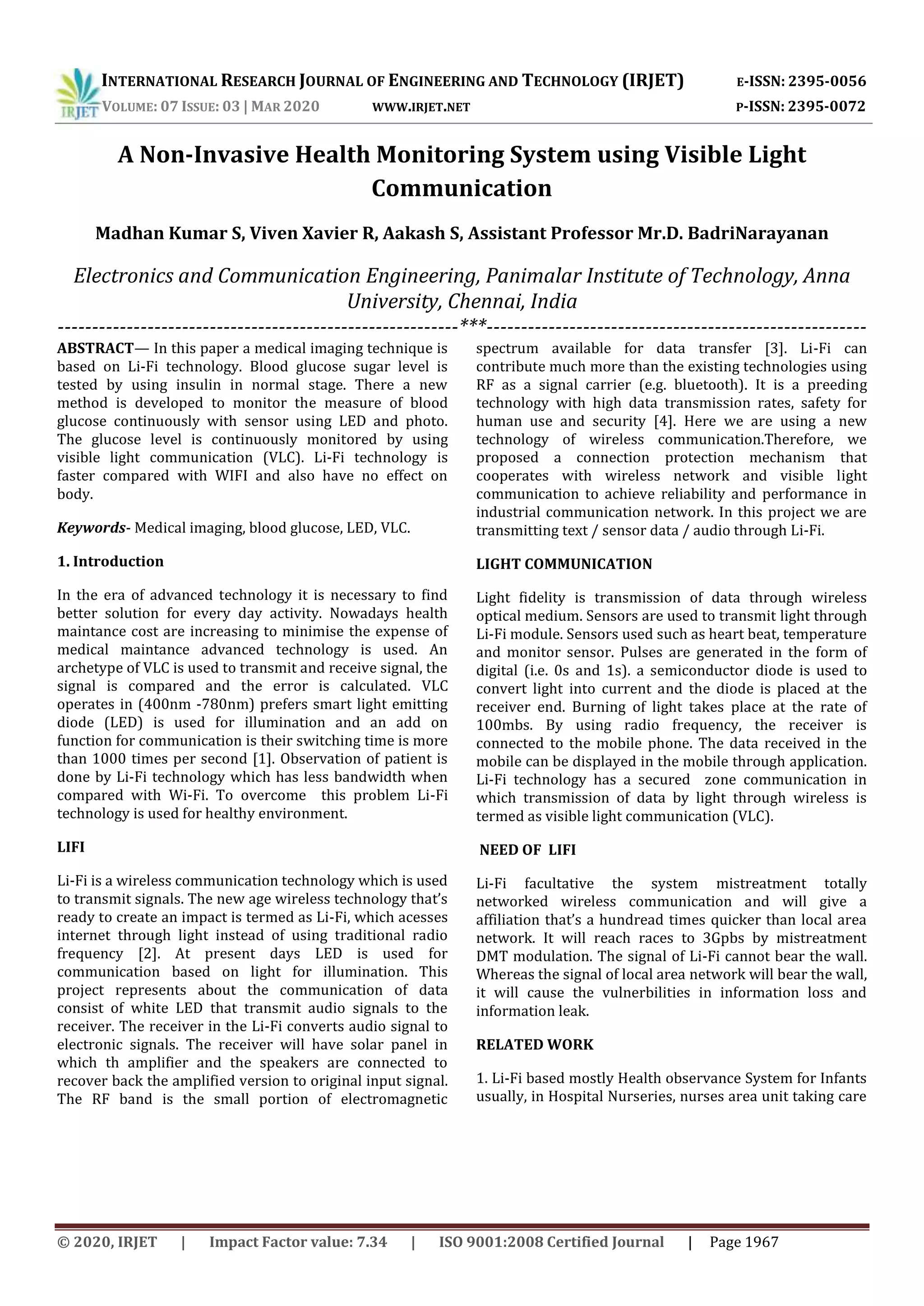 IRJET- A Non-Invasive Health Monitoring System using Visible Light Communication | PDF
