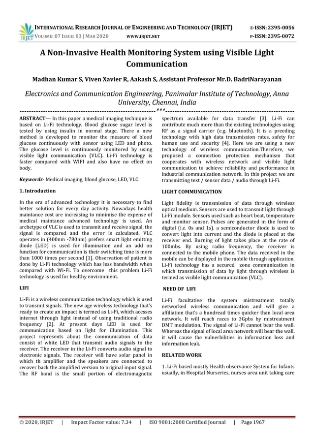 IRJET- A Non-Invasive Health Monitoring System using Visible Light Communication | PDF