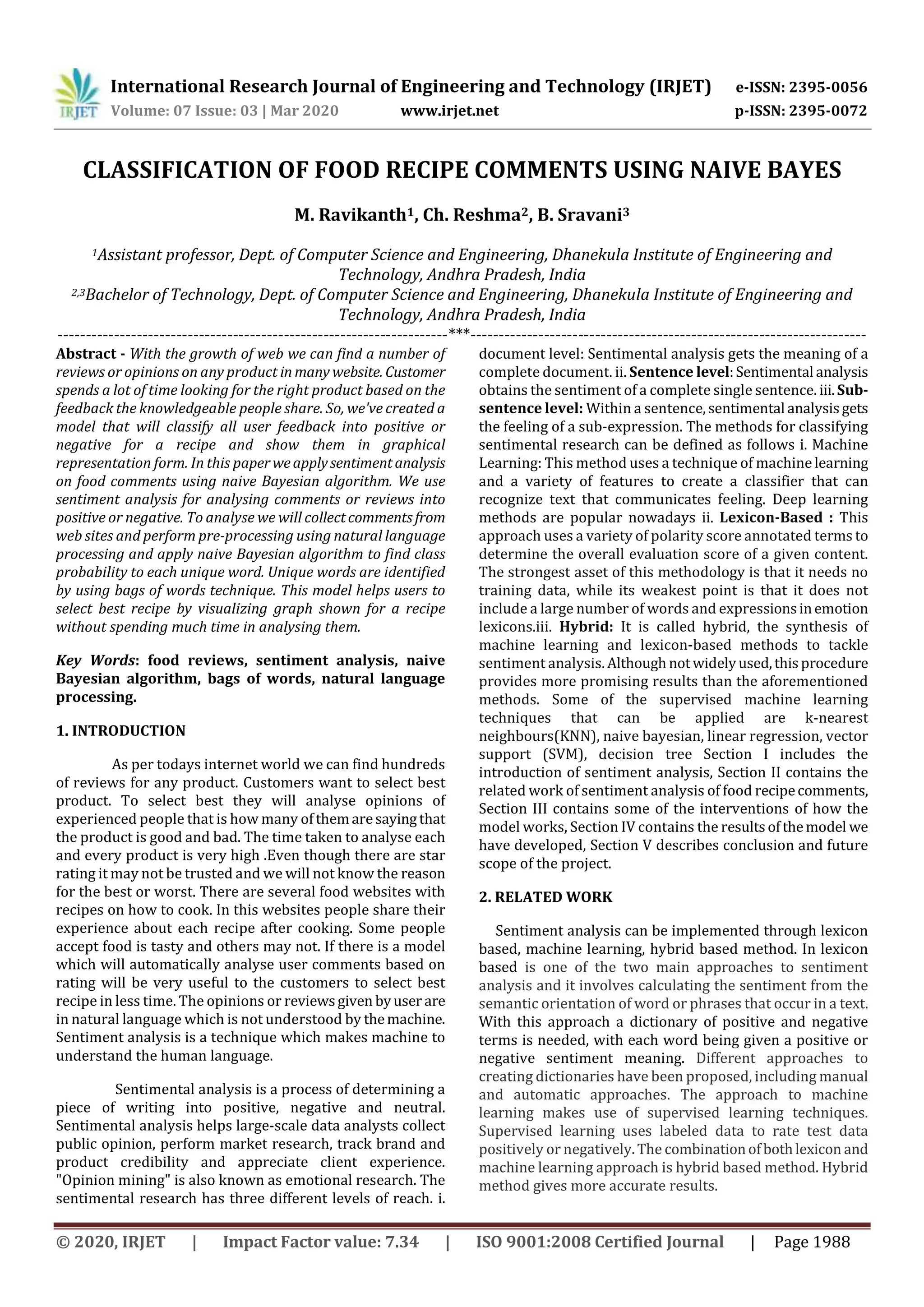 IRJET- Classification of Food Recipe Comments using Naive Bayes | PDF