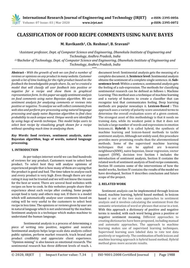 IRJET- Classification of Food Recipe Comments using Naive Bayes | PDF