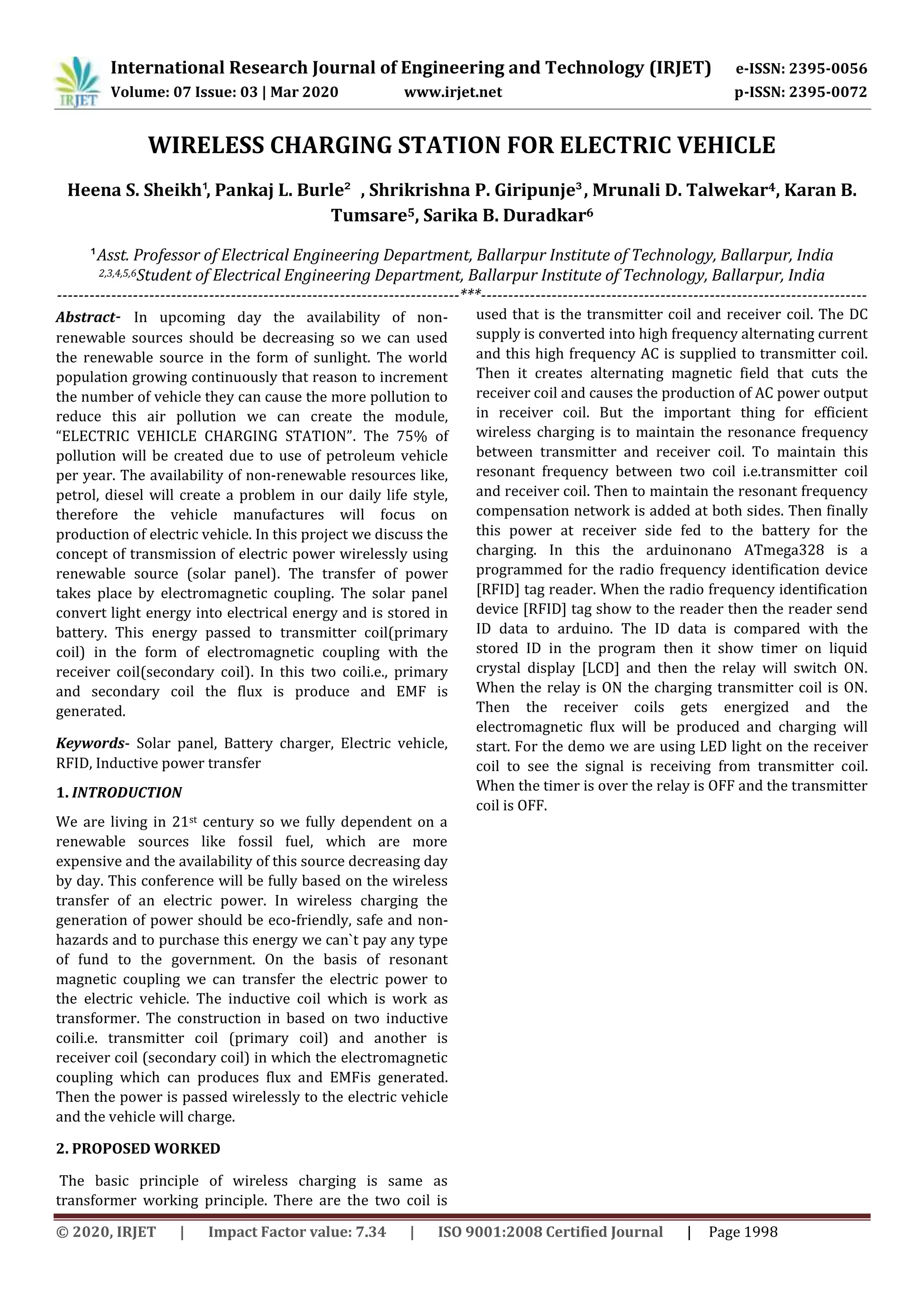 IRJET- Wireless Charging Station for Electric Vehicle | PDF