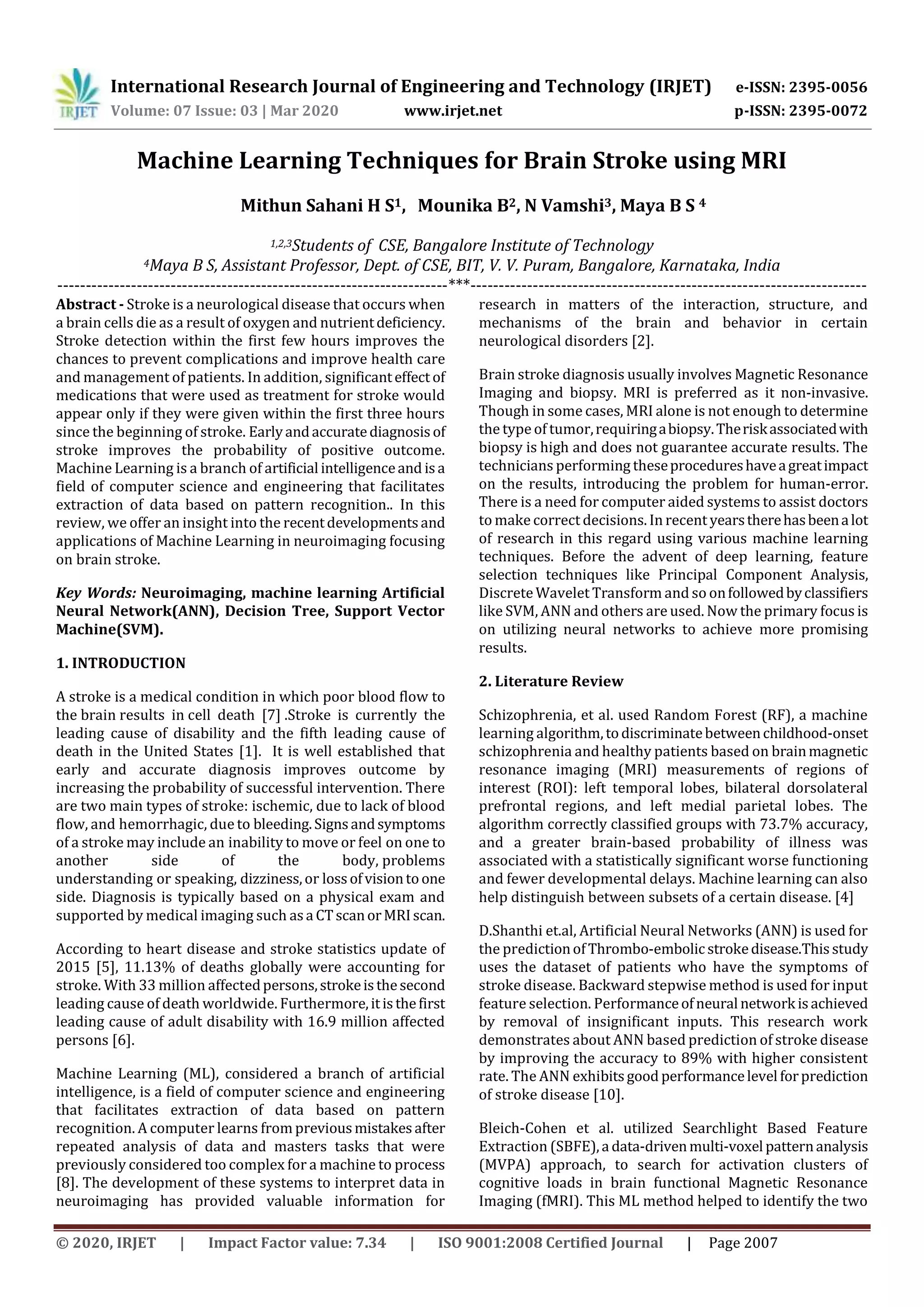 IRJET- Machine Learning Techniques for Brain Stroke using MRI | PDF