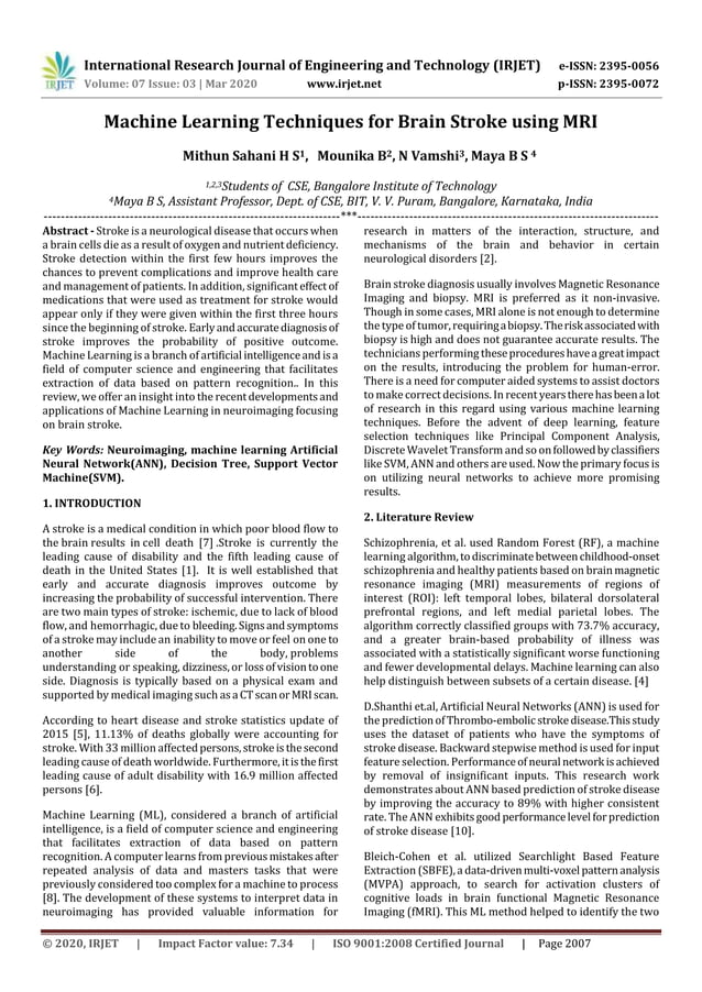 IRJET- Machine Learning Techniques for Brain Stroke using MRI | PDF