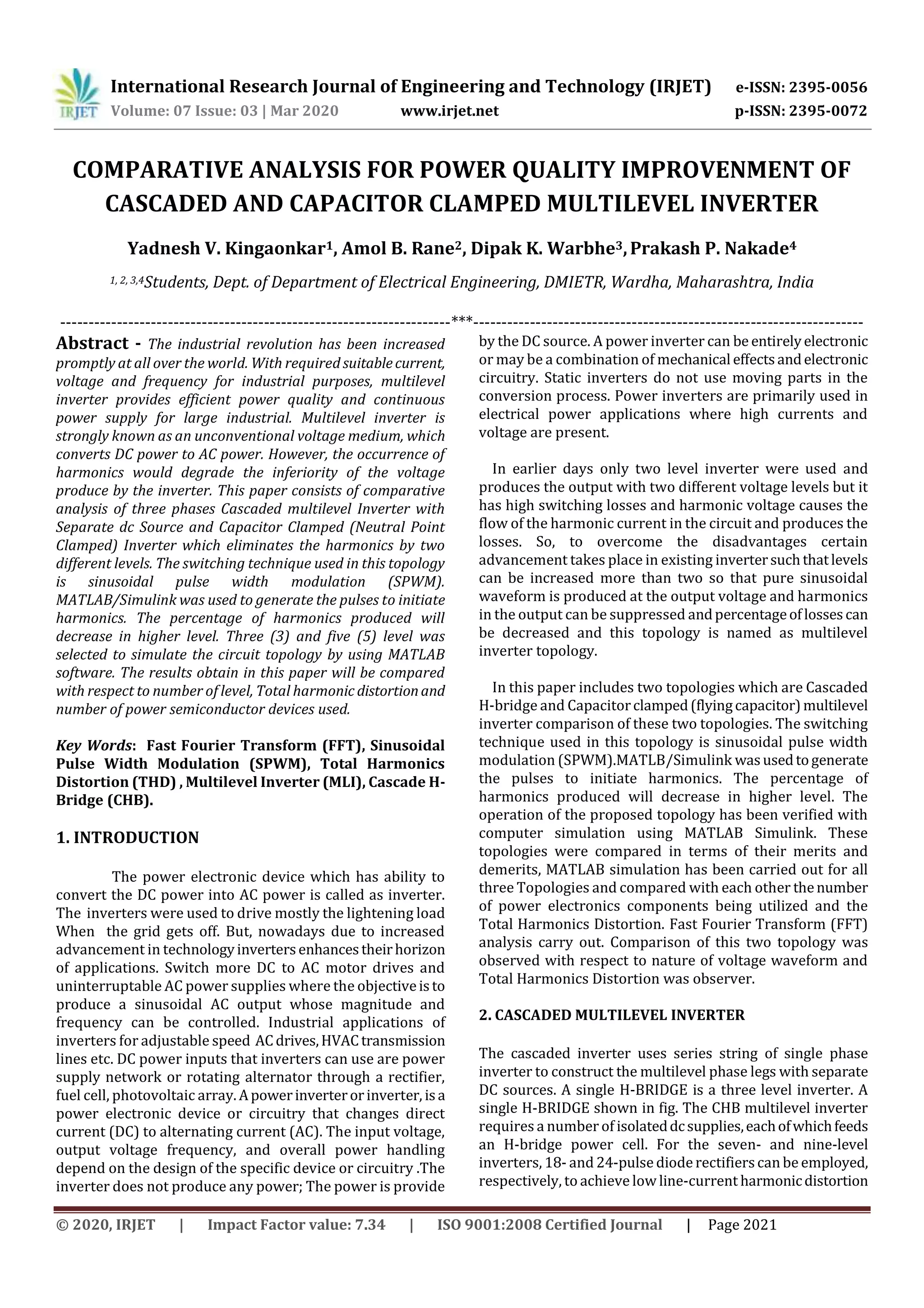 IRJET- Comparative Analysis for Power Quality Improvenment of Cascaded and Capacitor Clamped ...