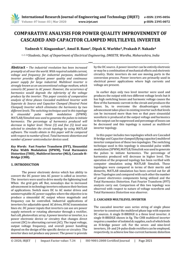 IRJET- Comparative Analysis for Power Quality Improvenment of Cascaded and Capacitor Clamped ...