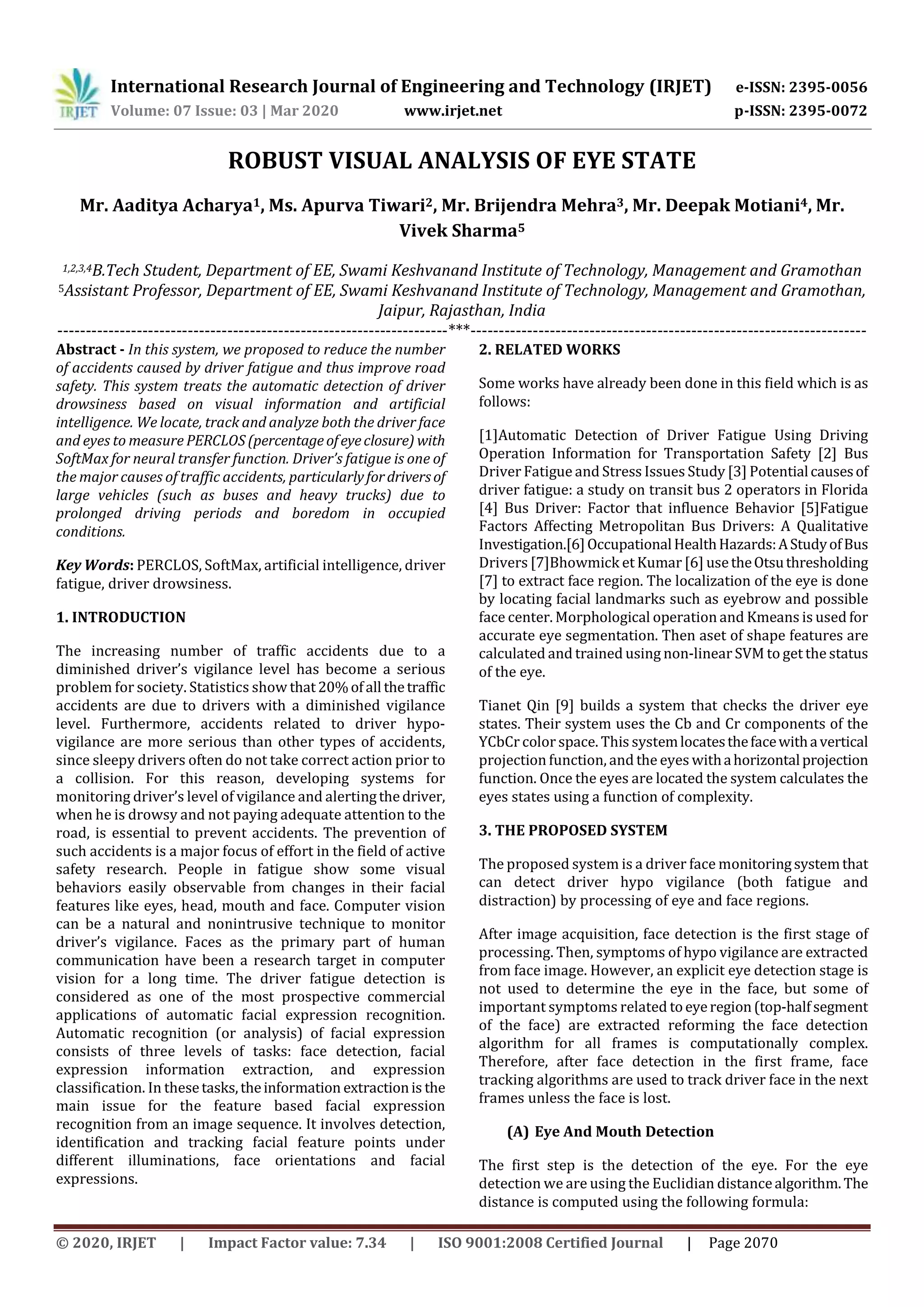 IRJET- Robust Visual Analysis of Eye State | PDF