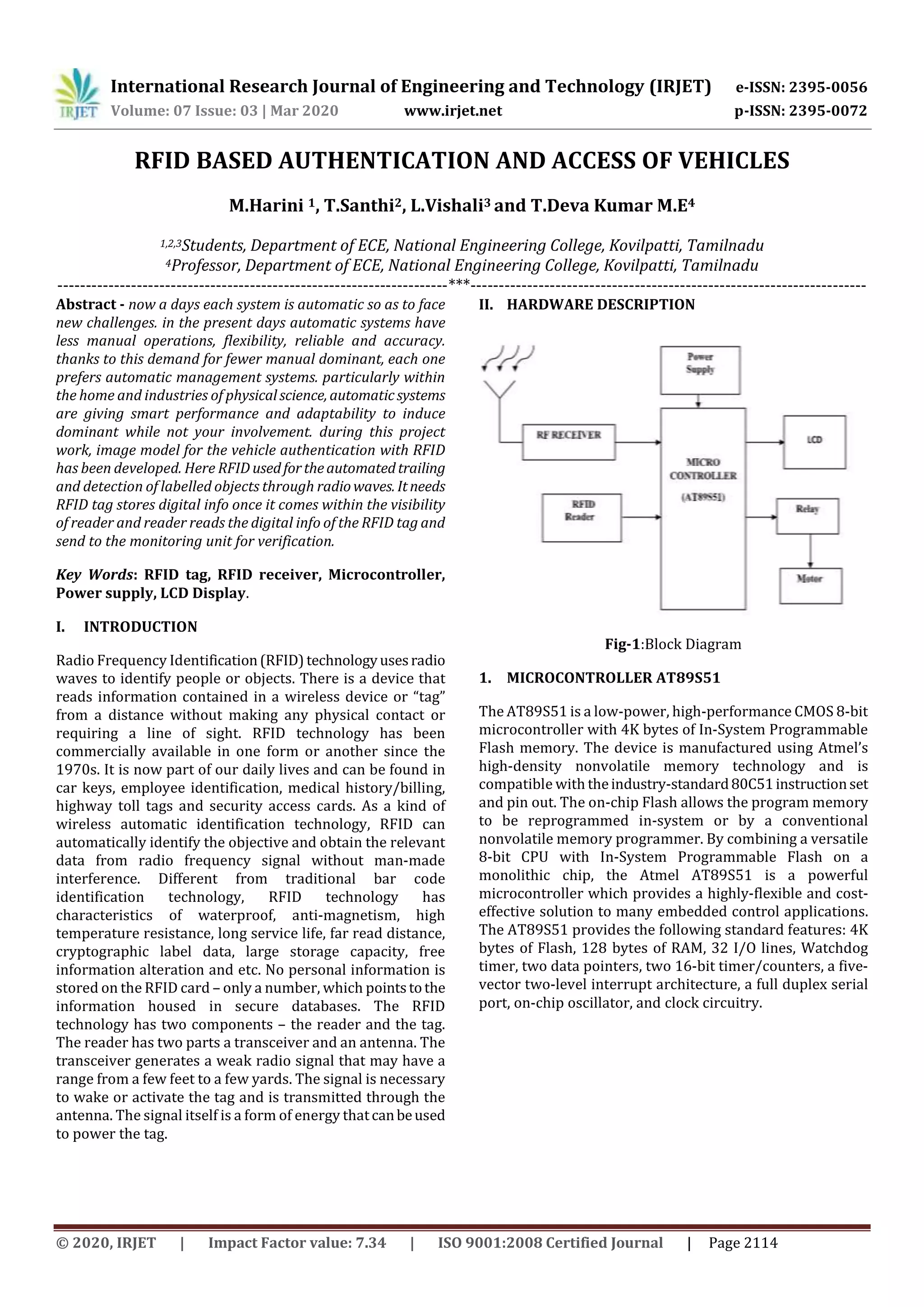 IRJET- RFID based Authentication and Access of Vehicles | PDF