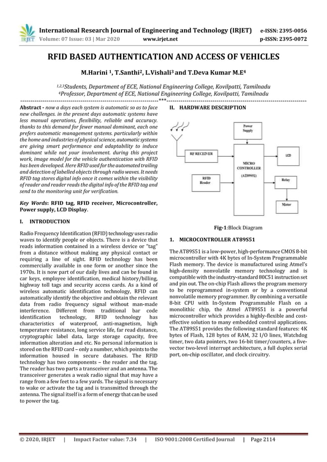 IRJET- RFID based Authentication and Access of Vehicles | PDF