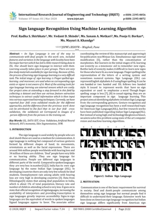 IRJET- Sign Language Recognition using Machine Learning Algorithm | PDF
