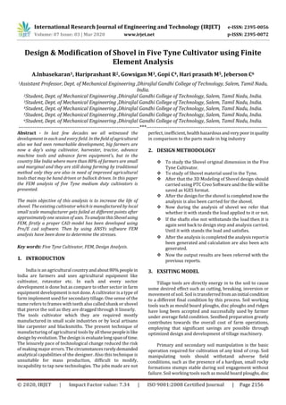 IRJET - Design Modification of Shovel in Five Tyne Cultivator using Finite Element Analysis | PDF