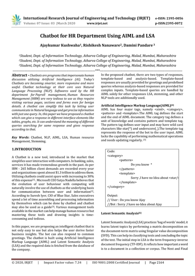 IRJET - Chatbot for HR Department using AIML and LSA | PDF