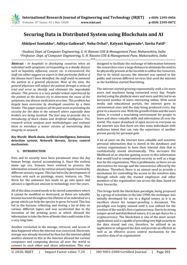 IRJET -Securing Data in Distributed System using Blockchain and AI | PDF | Databases | Computer ...