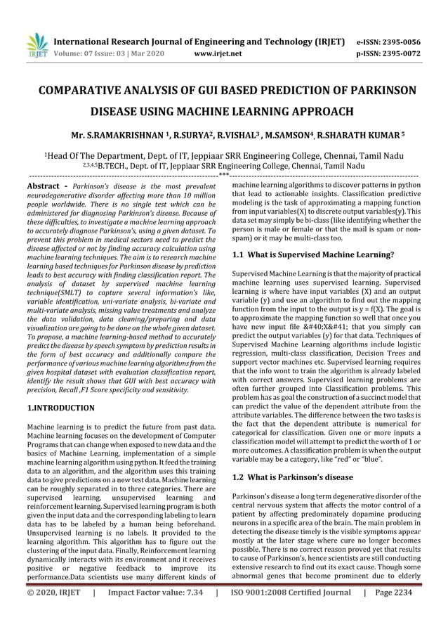 IRJET - Comparative Analysis of GUI based Prediction of Parkinson Disease using Machine Learning ...