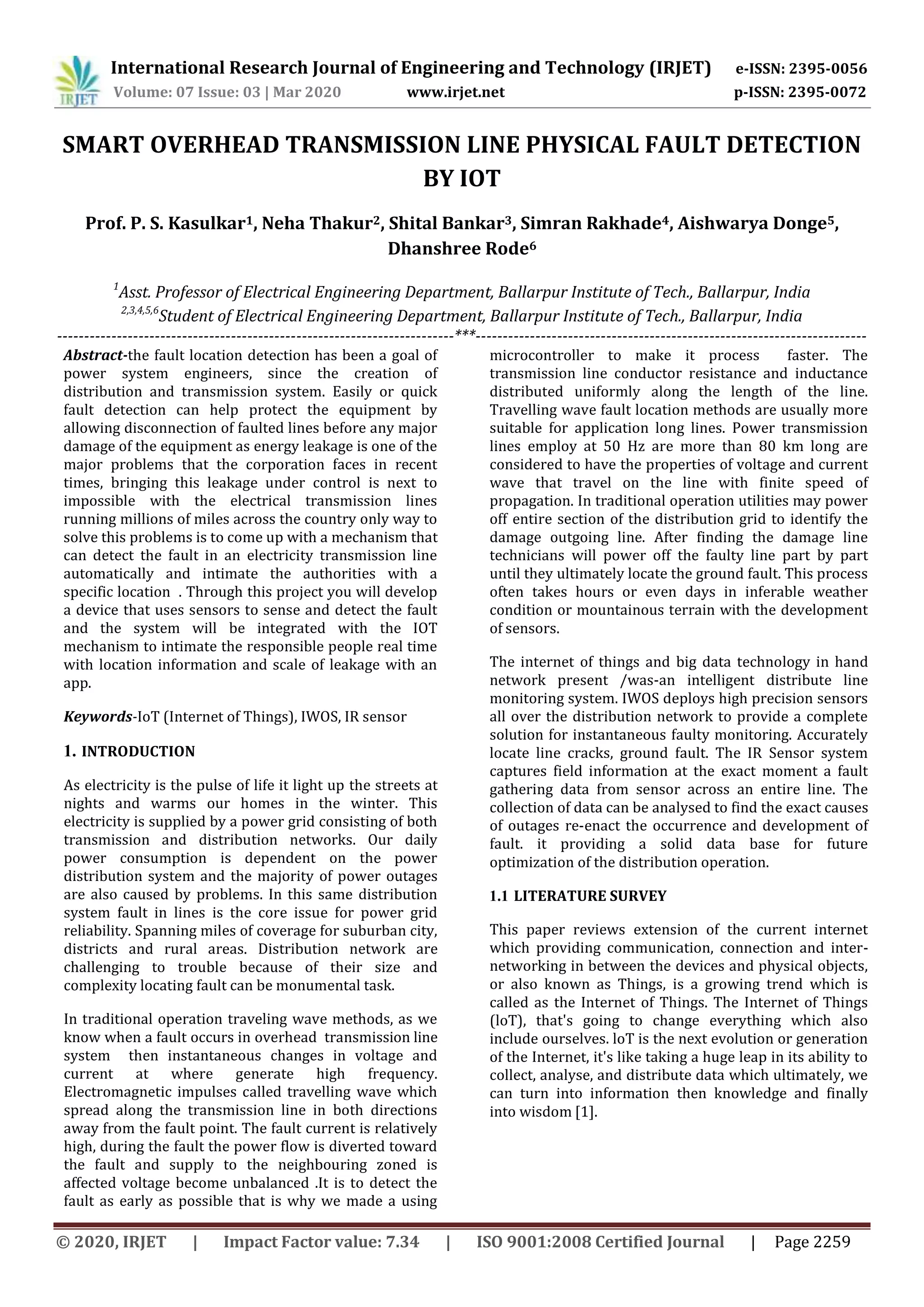 IRJET - Smart Overhead Transmission Line Physical Fault Detection by IoT | PDF