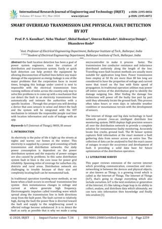 IRJET - Smart Overhead Transmission Line Physical Fault Detection by IoT | PDF