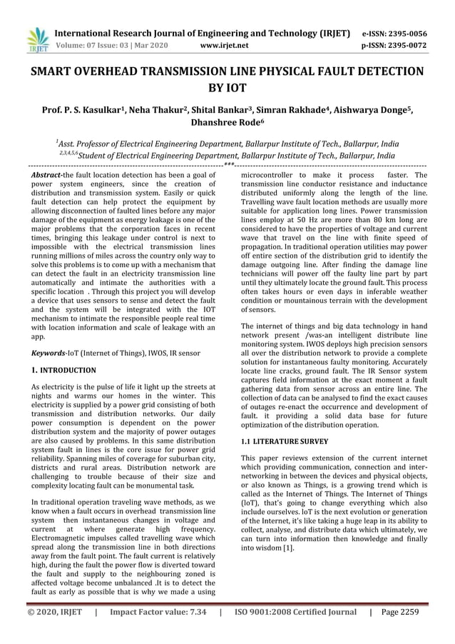 IRJET - Smart Overhead Transmission Line Physical Fault Detection by IoT | PDF