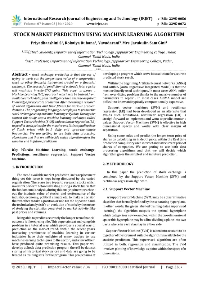 IRJET - Stock Market Prediction using Machine Learning Algorithm | PDF | Stocks and Bonds ...