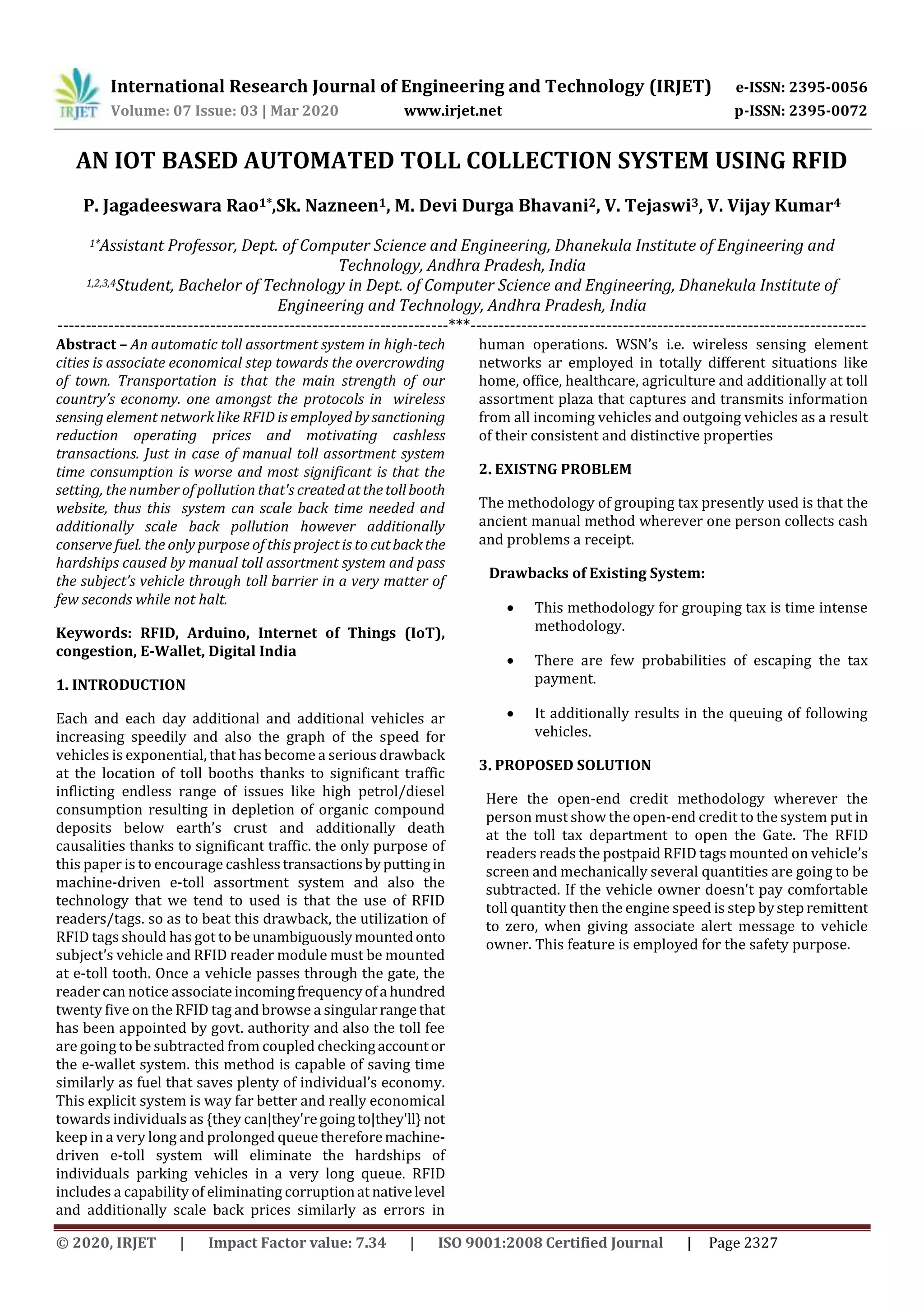 IRJET - An IoT based Automated Toll Collection System using RFID | PDF