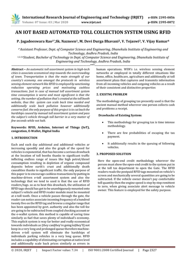 IRJET - An IoT based Automated Toll Collection System using RFID | PDF