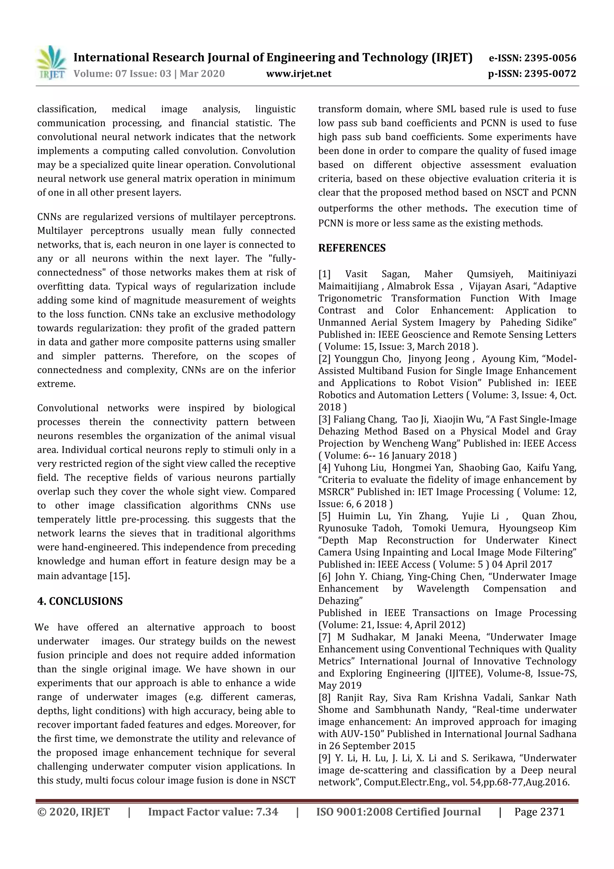 IRJET - Underwater Image Enhancement using PCNN and NSCT Fusion | PDF