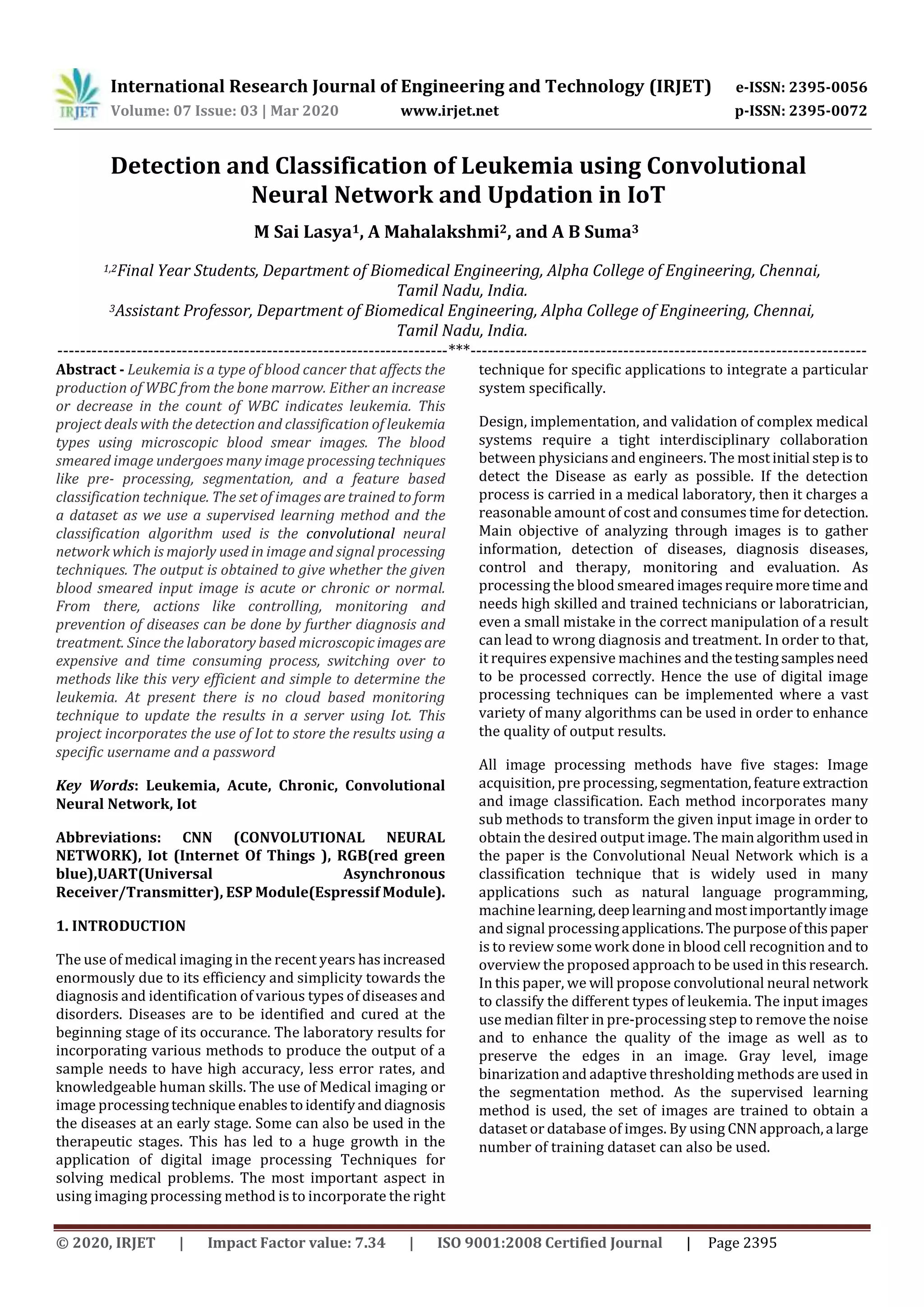 Irjet Detection And Classification Of Leukemia Using Convolutional
