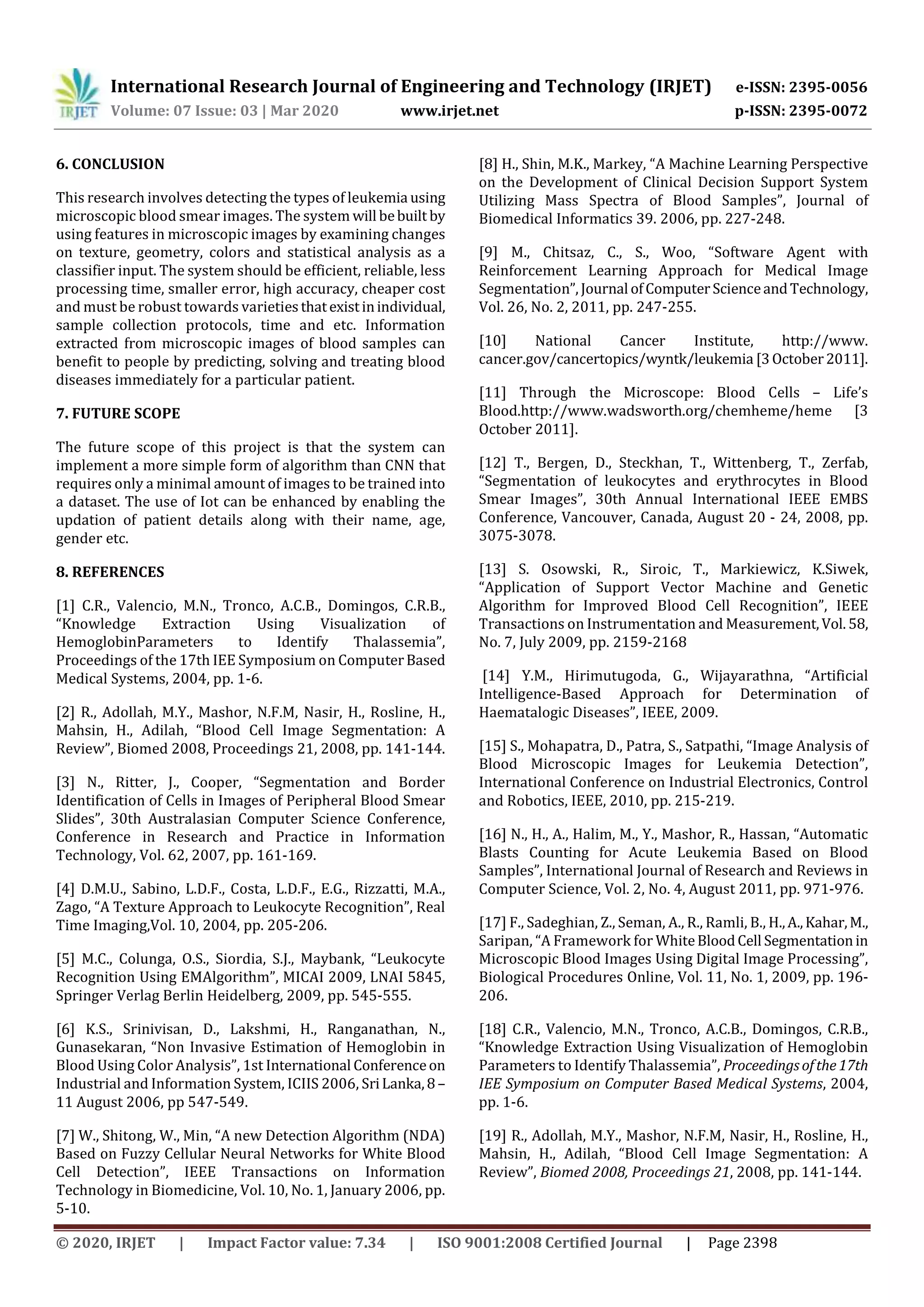 IRJET - Detection and Classification of Leukemia using Convolutional Neural Network and Updation ...