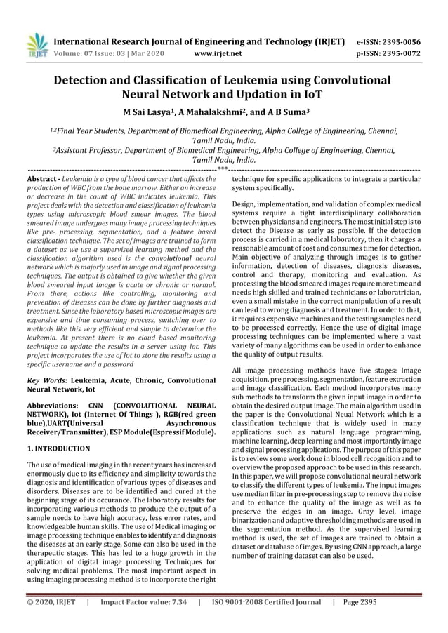 IRJET - Detection and Classification of Leukemia using Convolutional Neural Network and Updation ...