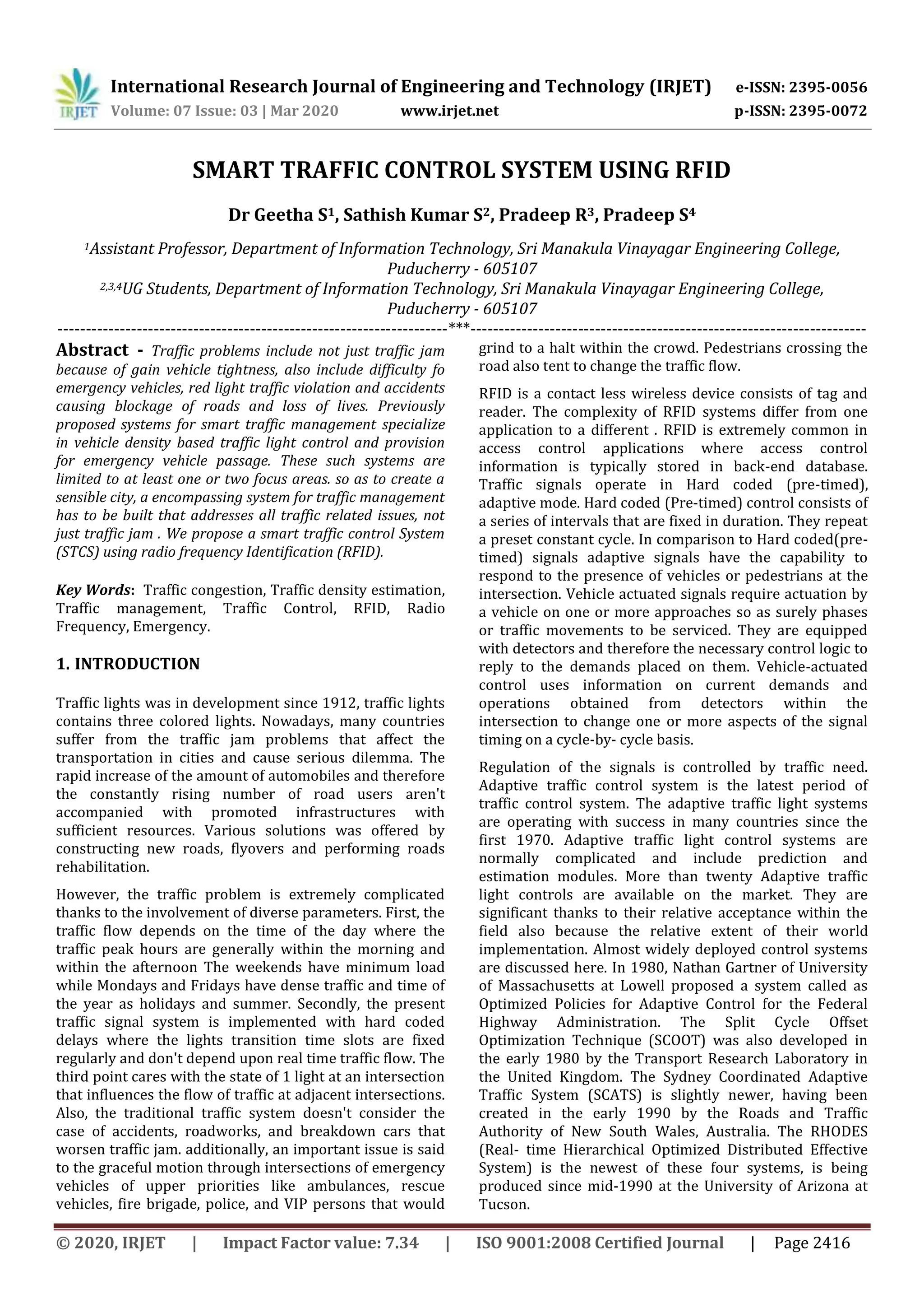 IRJET - Smart Traffic Control System using RFID | PDF