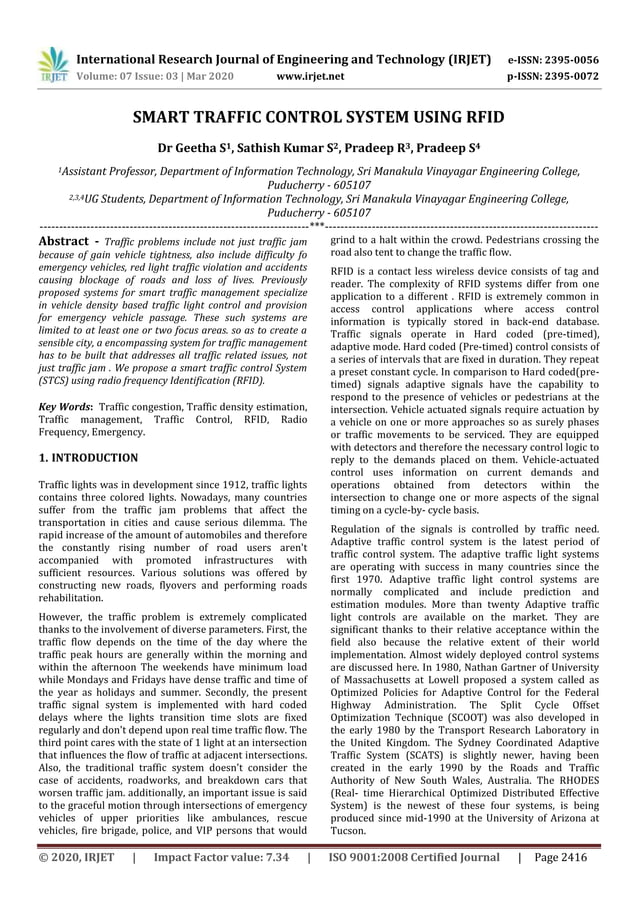 IRJET - Smart Traffic Control System using RFID | PDF